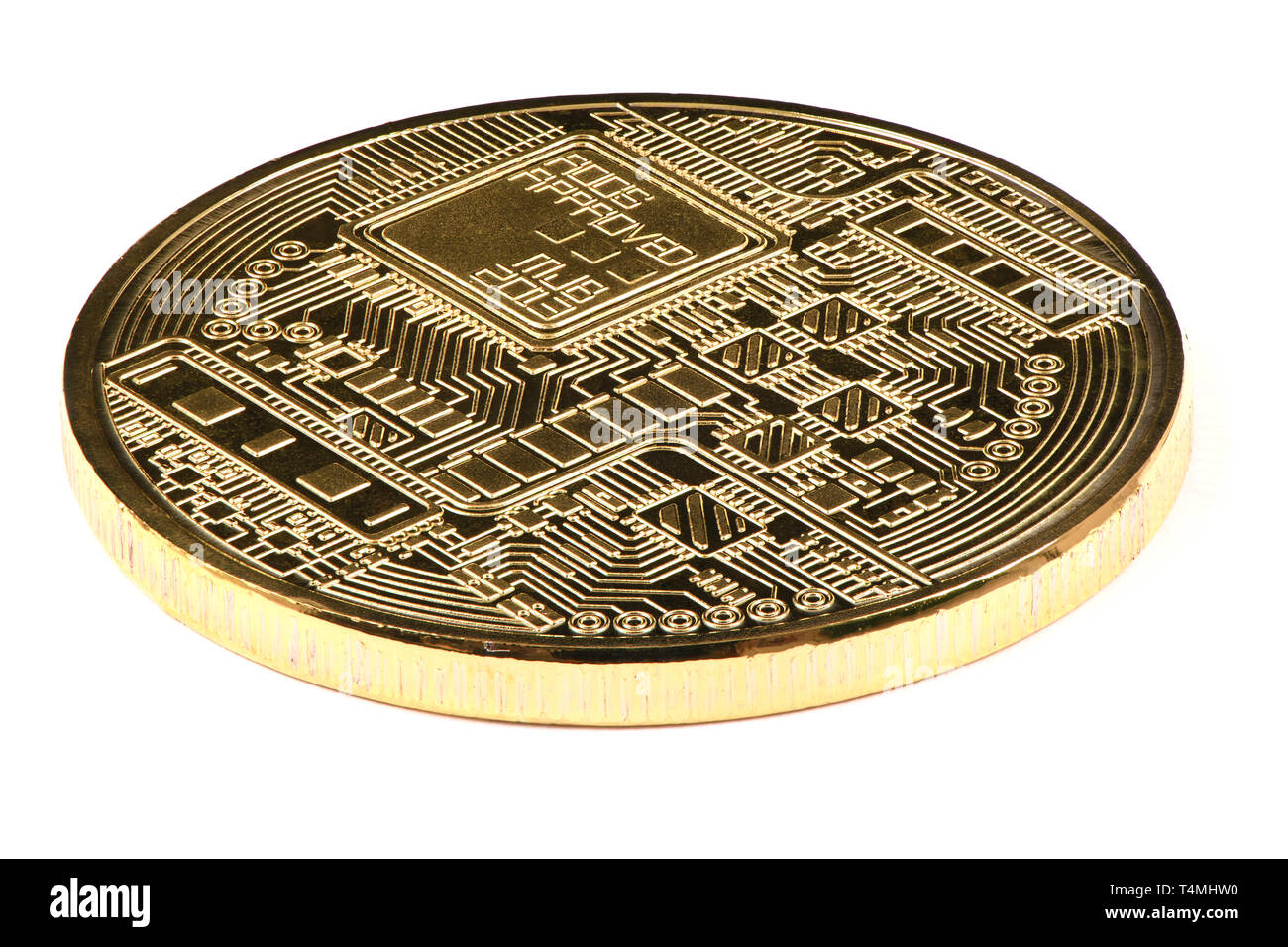 Golden bitcoin isolated on white background. Front and back sides are ...