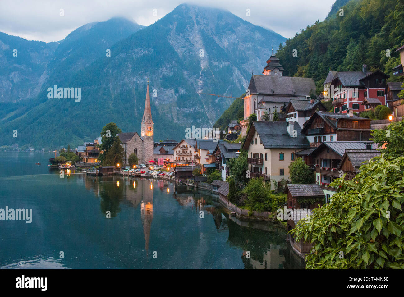 View of Hallstatt village with lake. Far away beauty Alpine rocks and ...