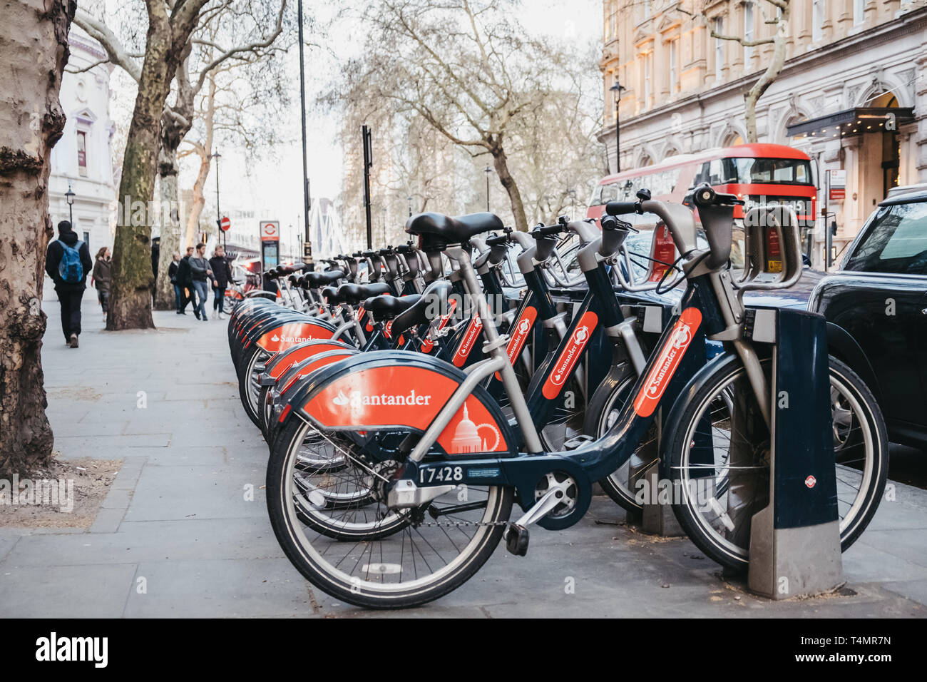 London, UK - April 13, 2019: Santander cycles docking station ...