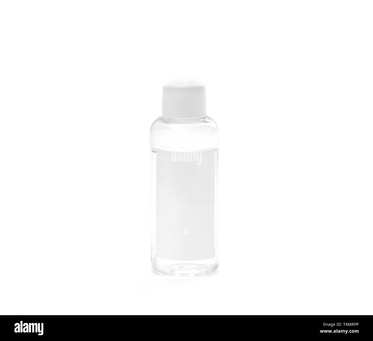 Small transparent plastic bottle with white cap and white blank label ...