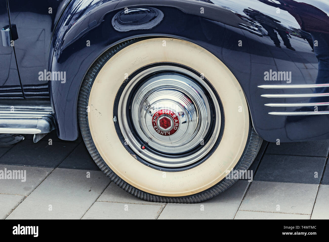 Korolev, Russia - April 14, 2019: Black Packard car wheel on the city ...