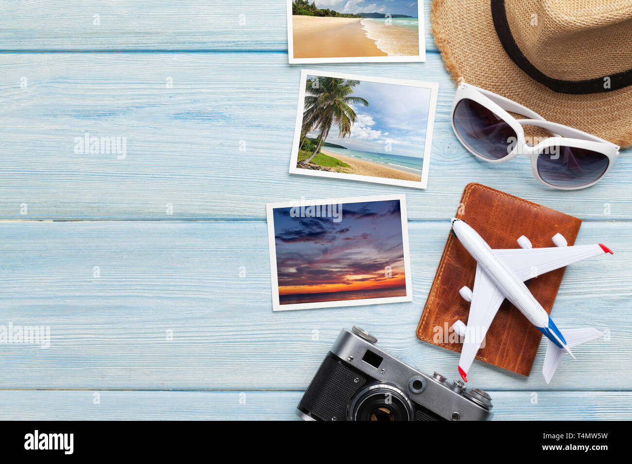 Travel vacation background concept with sun hat, camera, passport ...