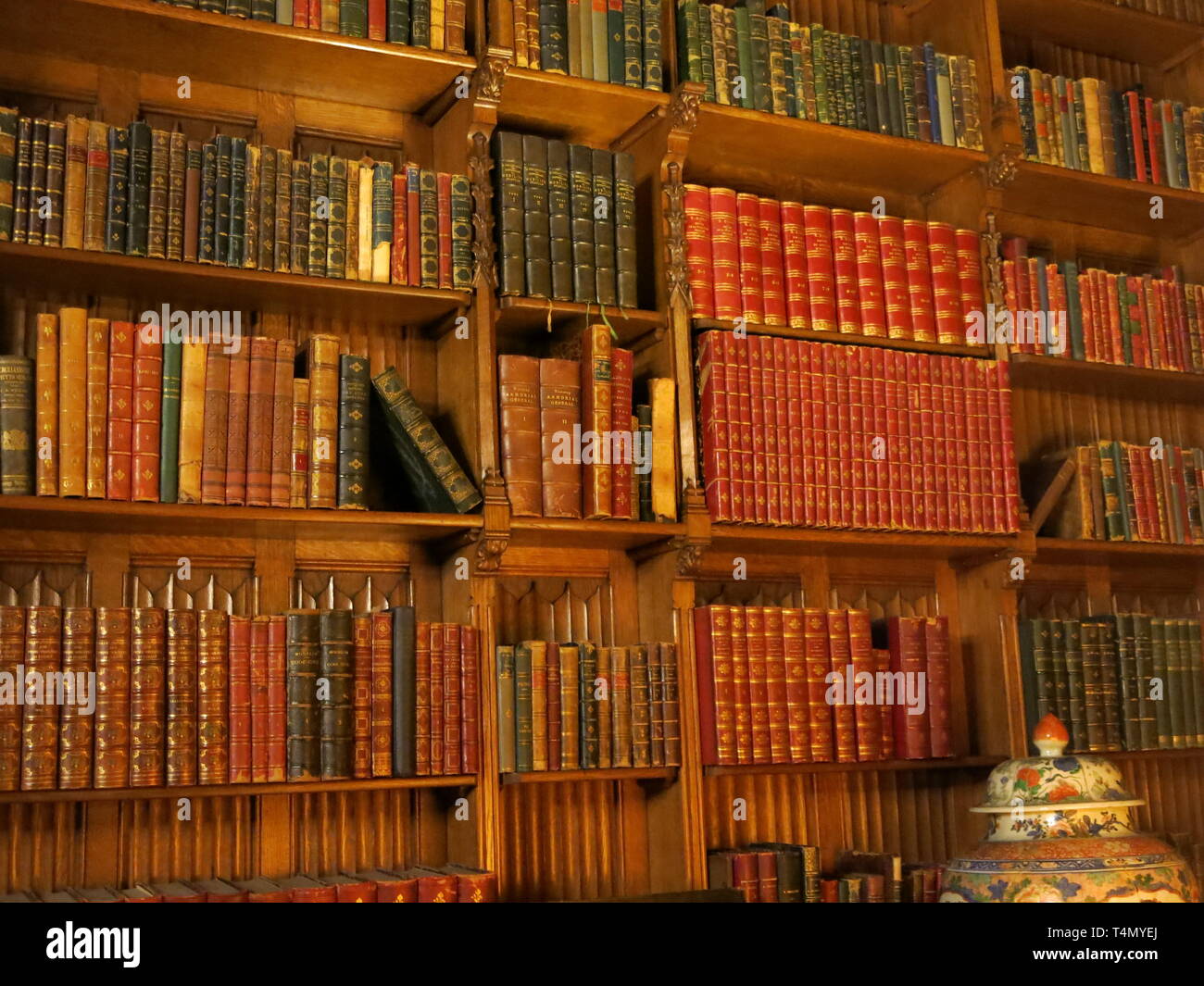 Rows of bookcases with old books in the library at De Haar Castle ...
