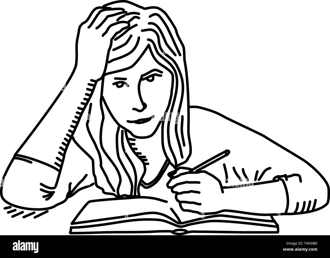 Student girl preparing homework. Vector line drawing Stock Vector Image ...