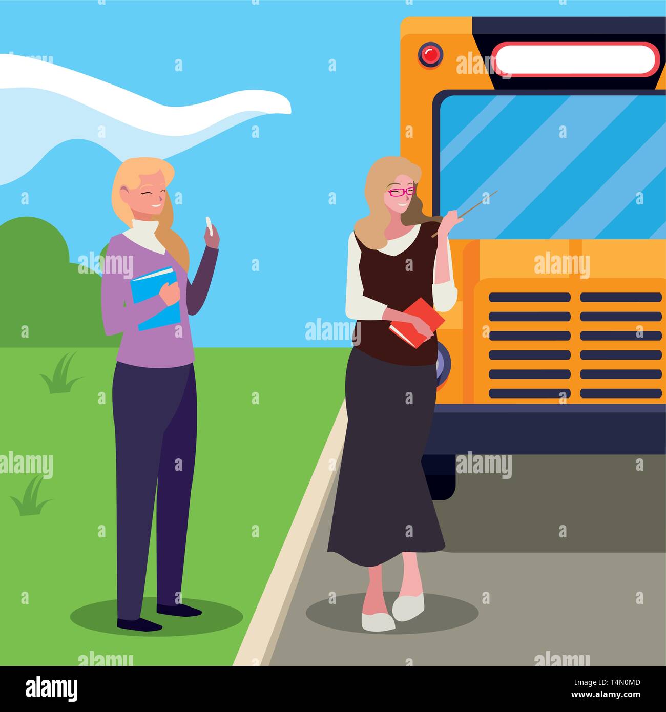 female teachers couple in stop bus characters vector illustration ...