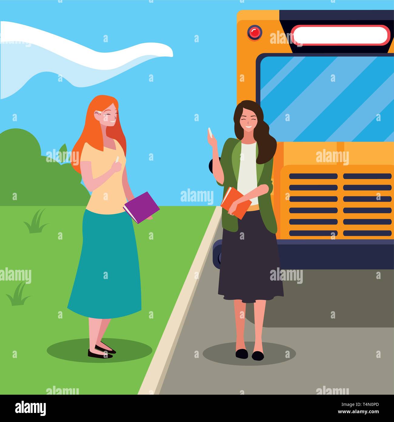 female teachers couple in stop bus characters vector illustration ...