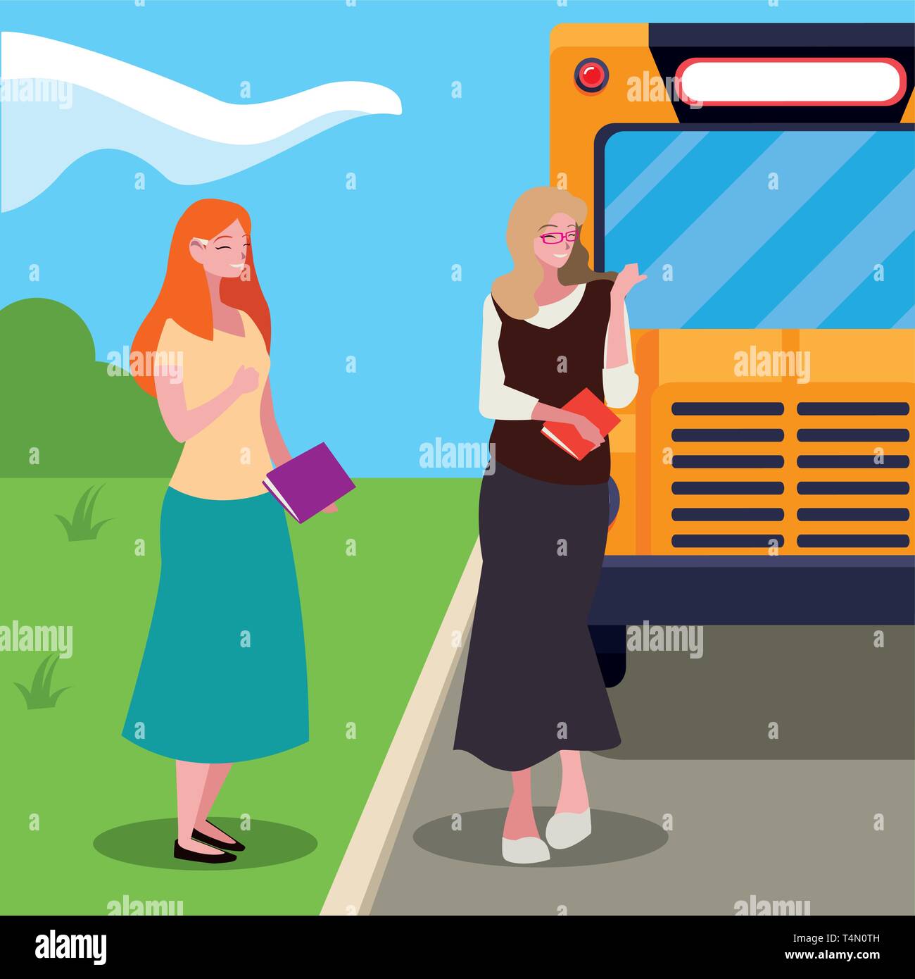 female teachers couple in stop bus characters vector illustration ...