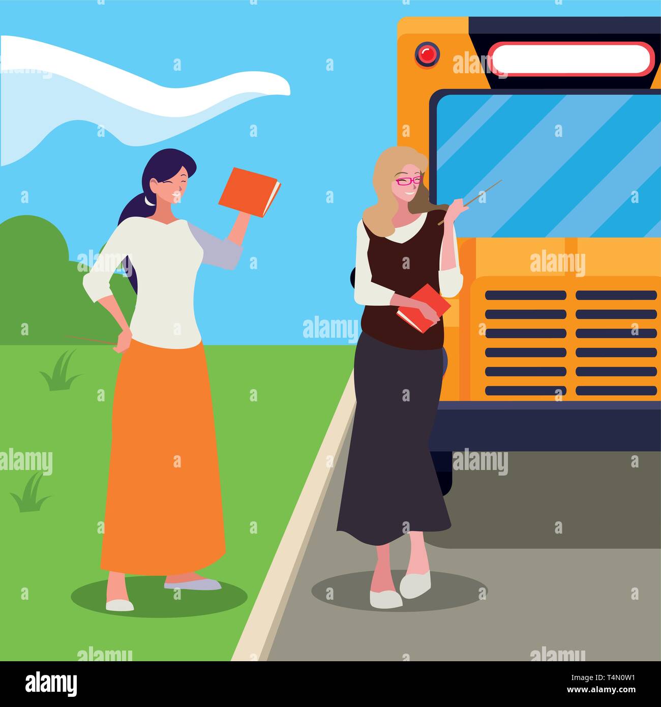 female teachers couple in stop bus characters vector illustration ...