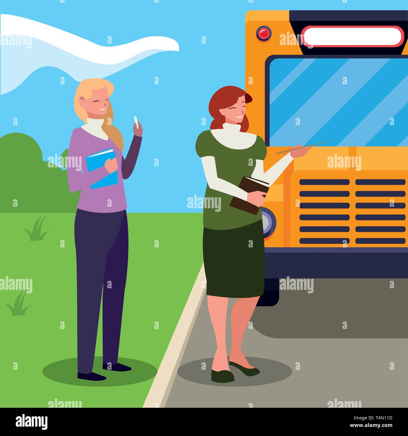 female teachers couple in stop bus characters vector illustration ...