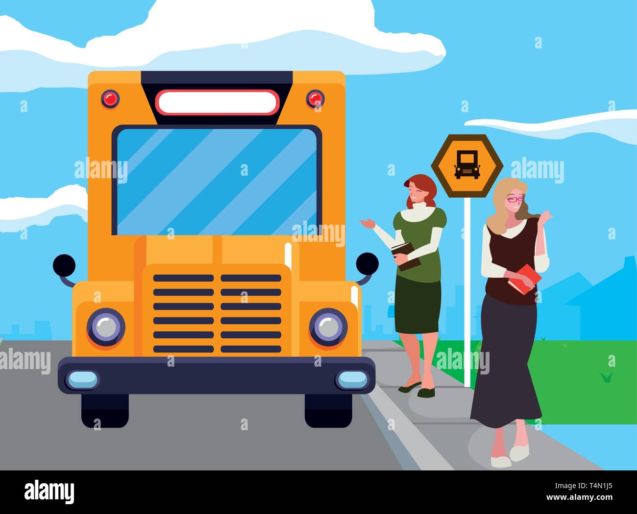 female teachers couple in stop bus characters vector illustration ...