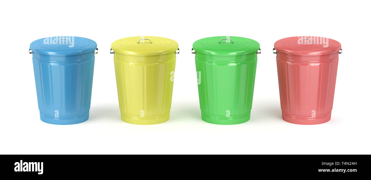 Metal trash cans with different colors on white background Stock Photo ...
