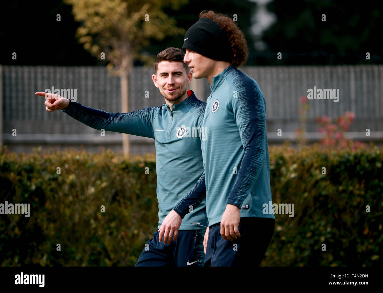 Chelsea's Jorginho (left) and David Luiz during the training session at ...