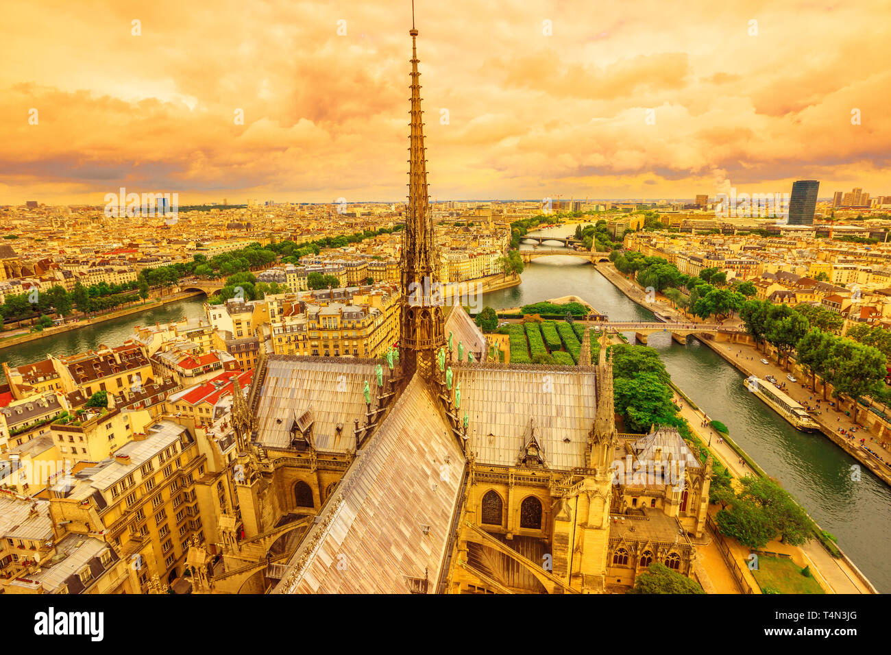 Panoramic aerial view of the spire of Notre Dame cathedral with statues ...
