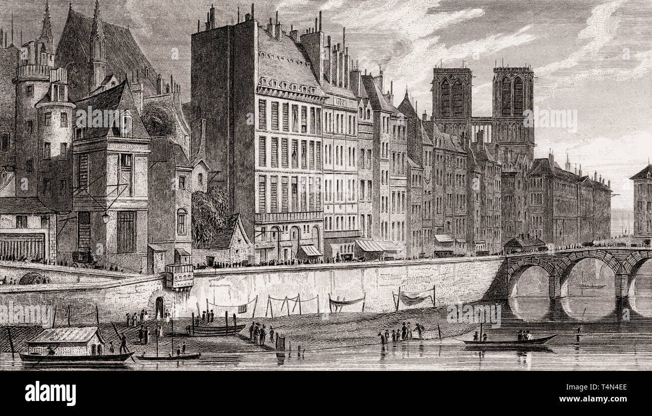Panorama of Paris with Notre-Dame de Paris, antique steel engraved ...