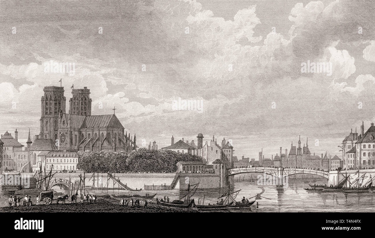 Panorama of Paris with Notre-Dame de Paris, antique steel engraved ...