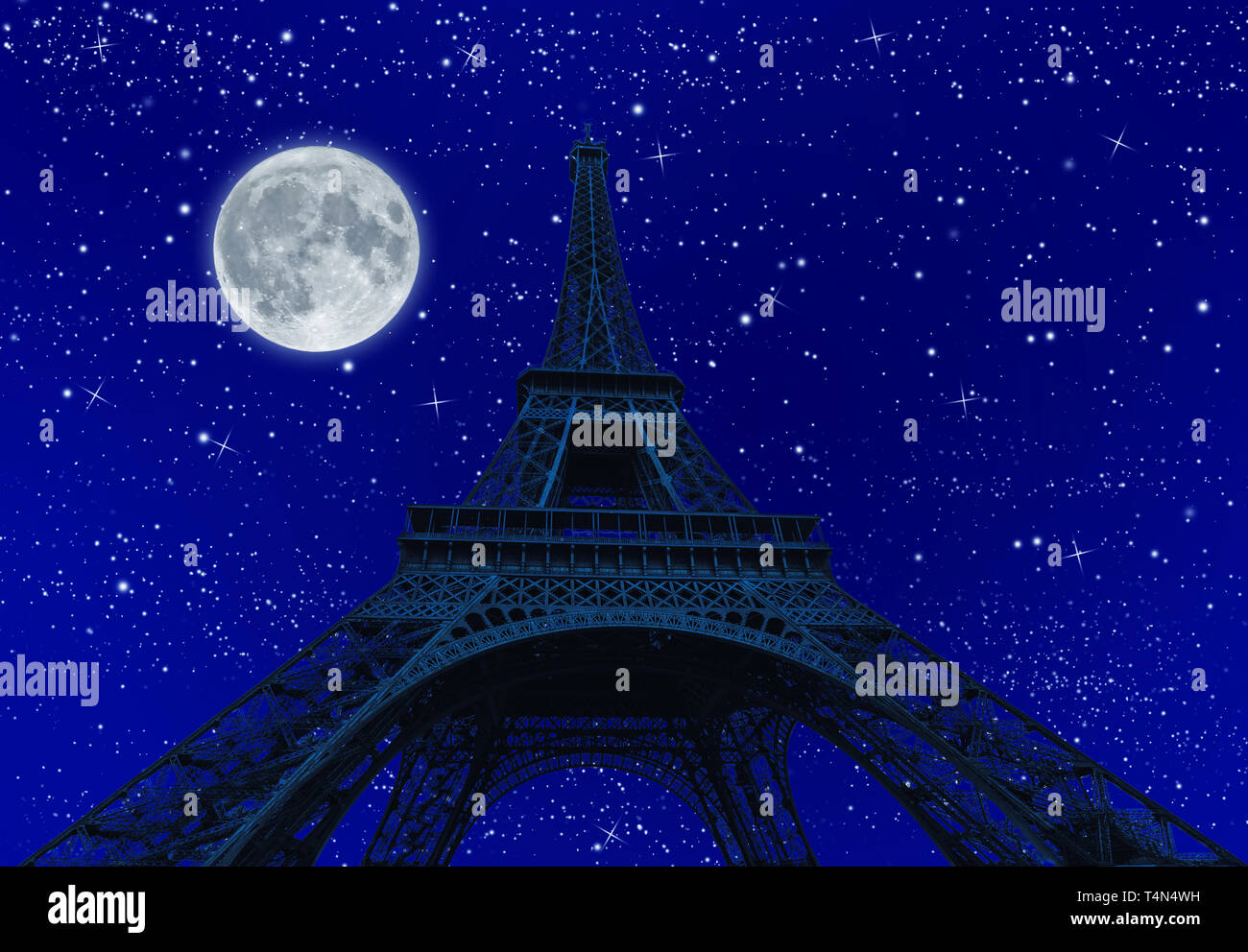 spooky full moon shining with dark Tour Eiffel at night with stars ...