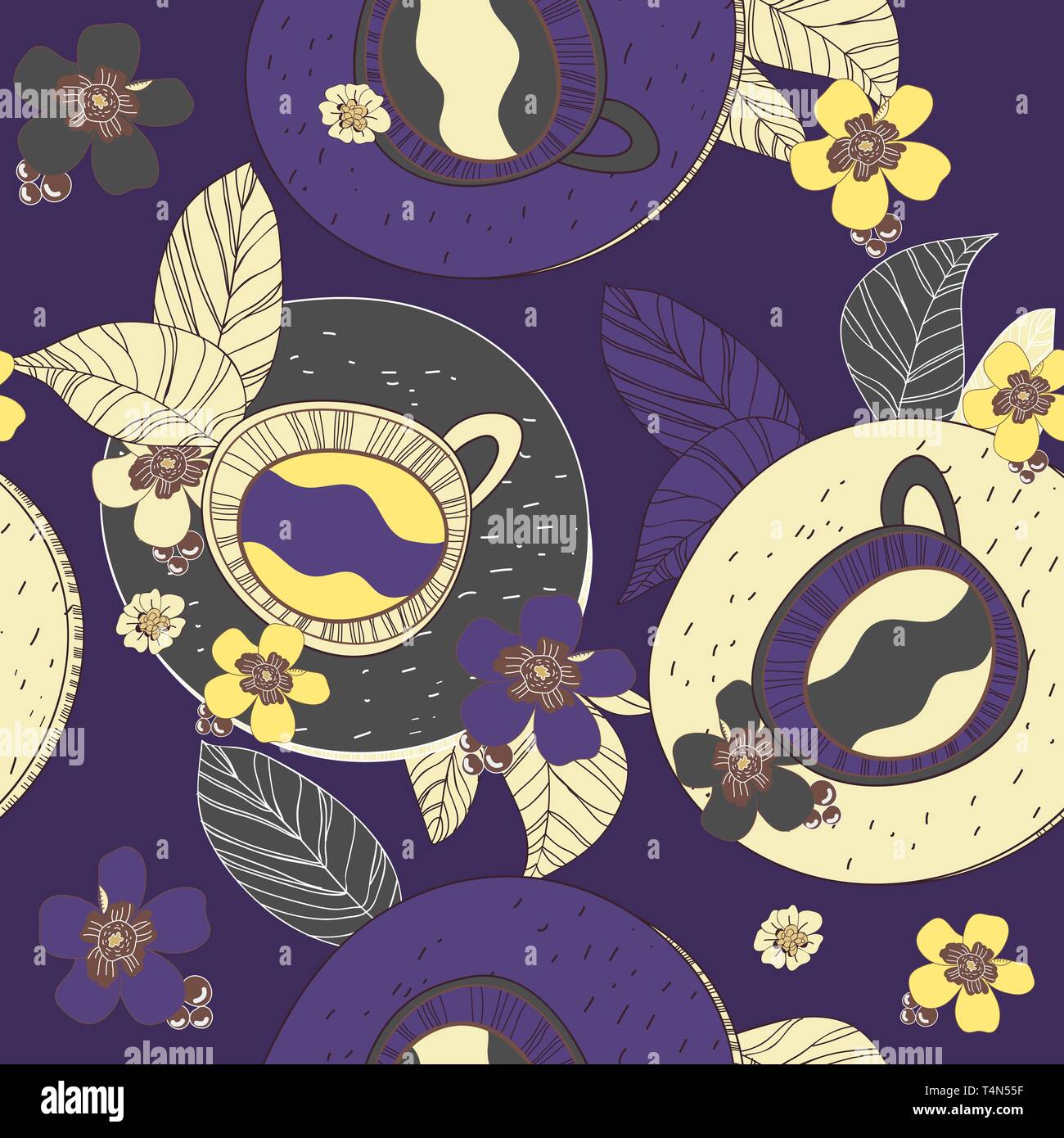 Seamless vector texture with drawing tea cups and leafs Stock Vector ...