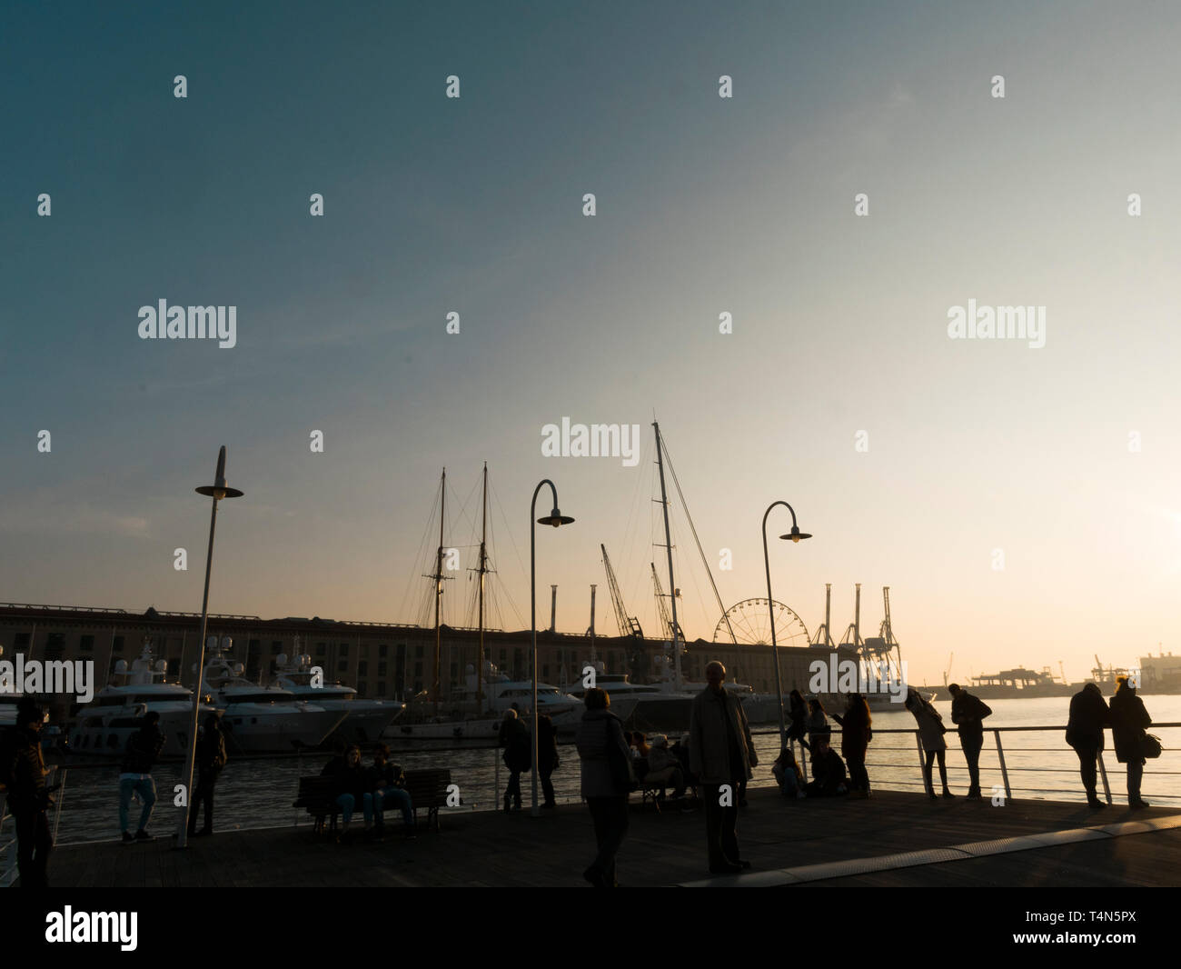sunset view of the old port of Genoa, the birthplace of Christopher ...