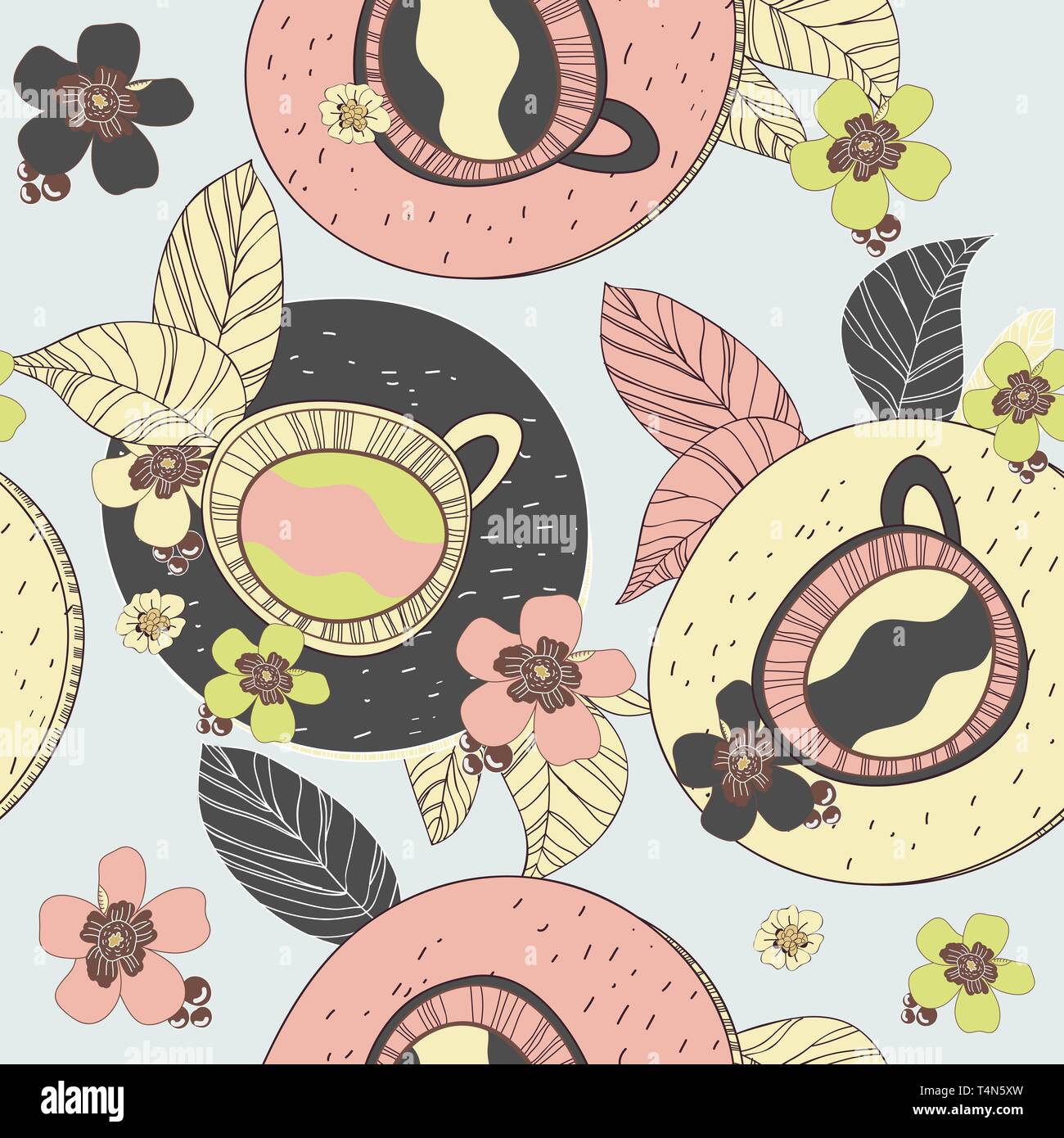 Seamless vector texture with drawing tea cups and leafs Stock Vector ...
