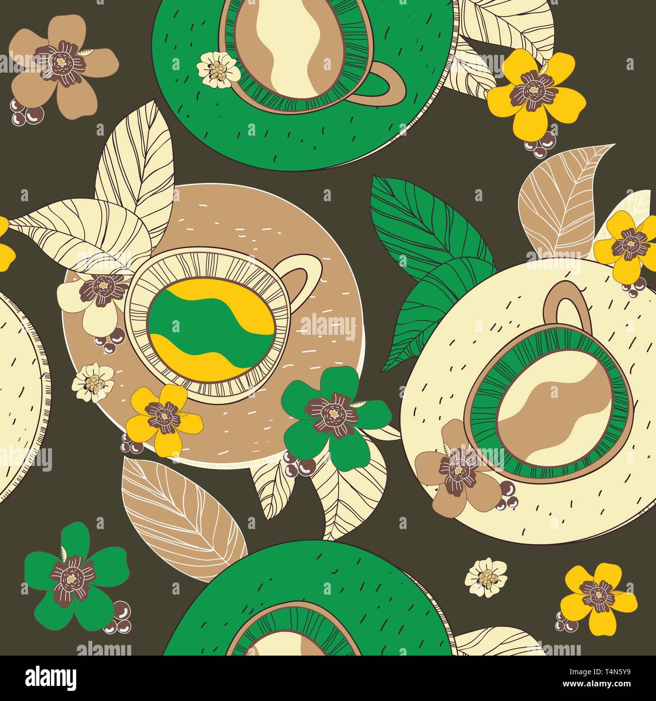 Seamless vector texture with drawing tea cups and leafs Stock Vector ...