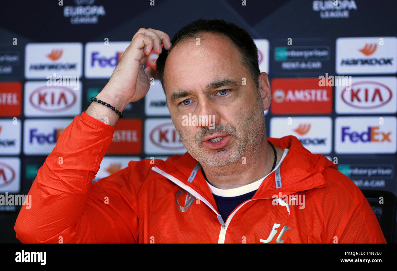 Slavia Prague manager Jindrich Trpisovsky during the press conference ...