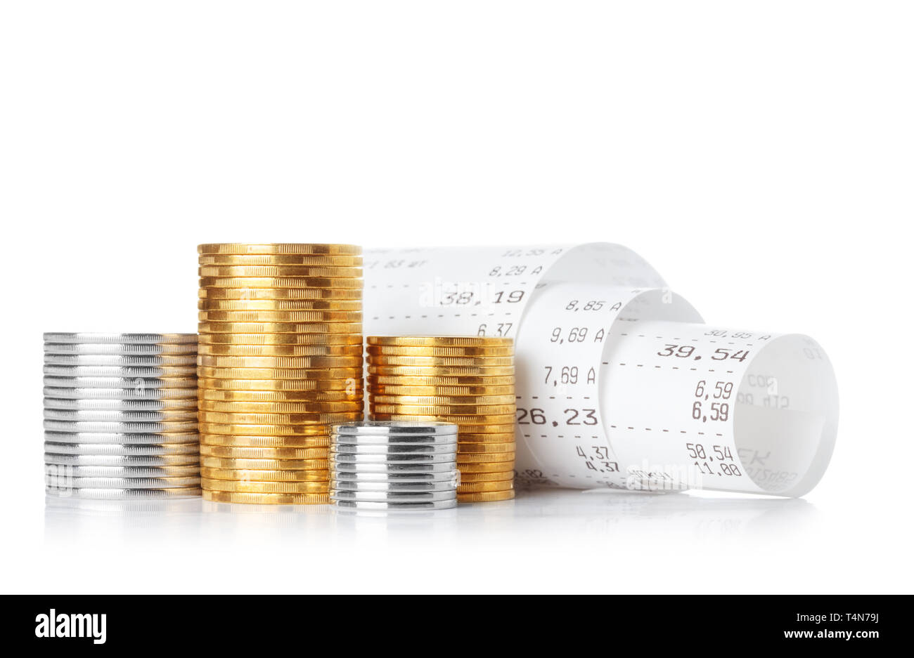 Cash register paper receipt check with coins stack isolated on white ...