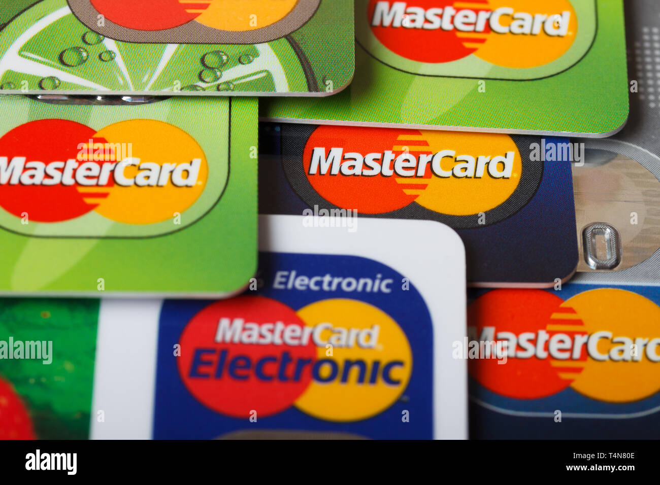 KIEV, UKRAINE - March 11: Pile of credit cards, MasterCard, credit ...