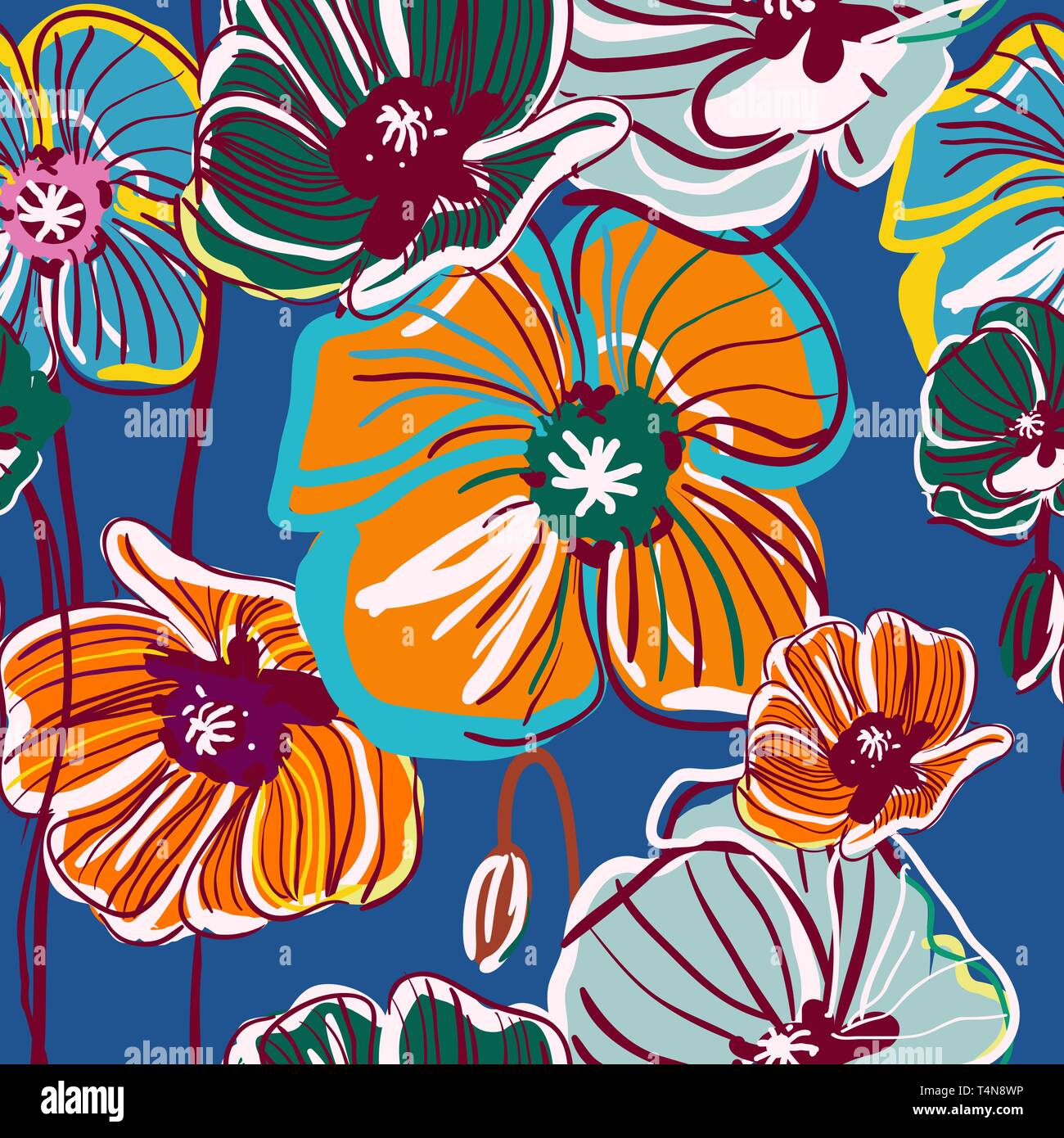 Abstract blue vector background with drawing bright poppy Stock Vector ...