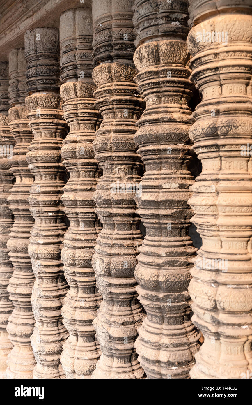Traditional stone window slats at an ancient temple in Angkor Wat lcose ...