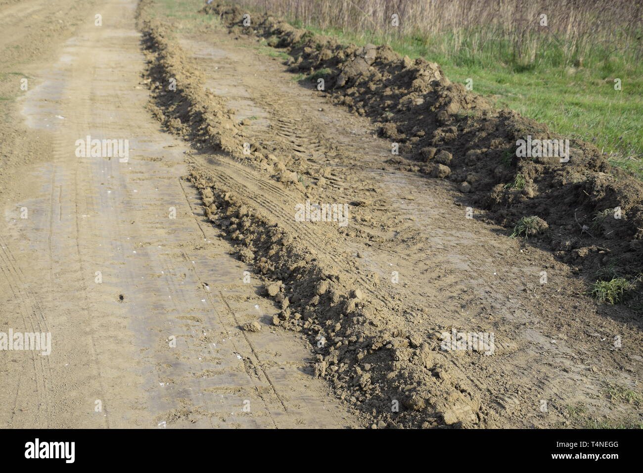 Dirt road leveled by a grader. Road in the village Stock Photo - Alamy