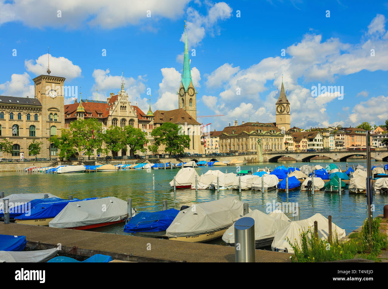 Zurich, Switzerland - August 1, 2016: boats on the Limmat river ...