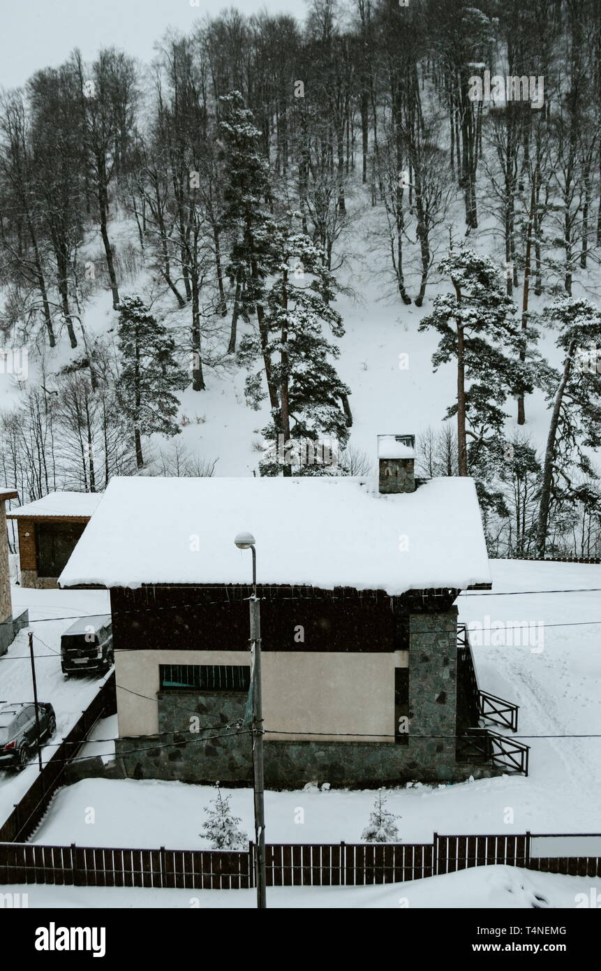 Hotel building in the snow Stock Photo - Alamy