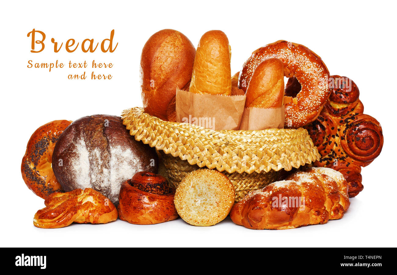 Fresh bread assortment isolated on white with copy space Stock Photo ...