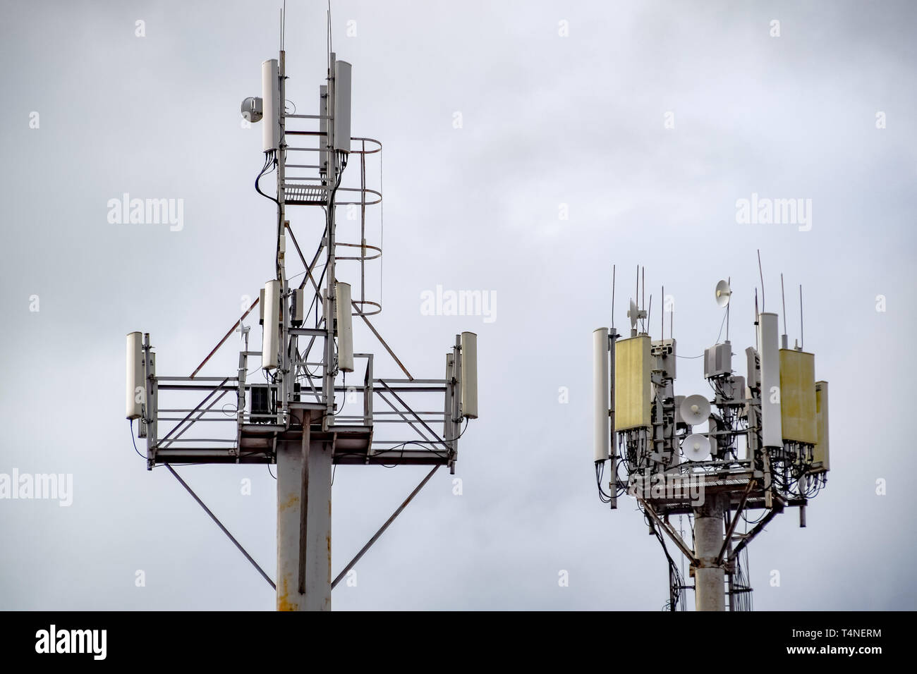 equipment on cell phone towers, tower antennas Stock Photo - Alamy