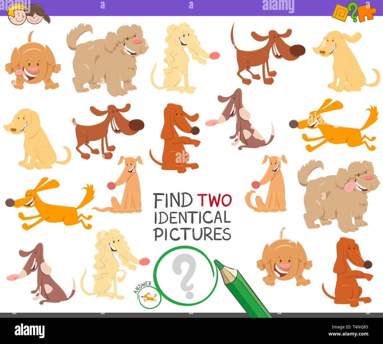 Cartoon Illustration of Finding Two Identical Pictures Educational Game ...