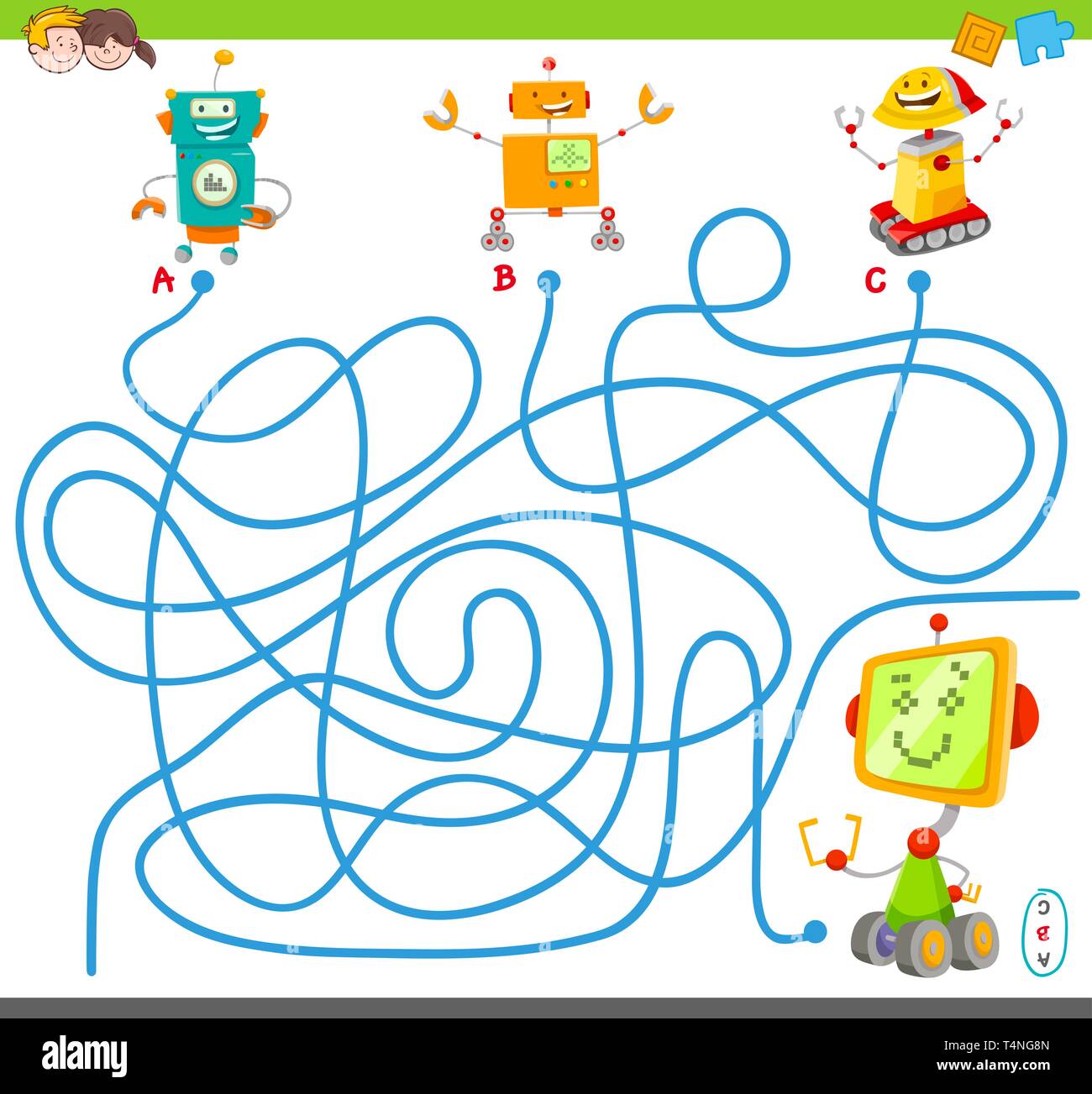 Cartoon Illustration of Lines Maze Puzzle Activity Game with Funny ...