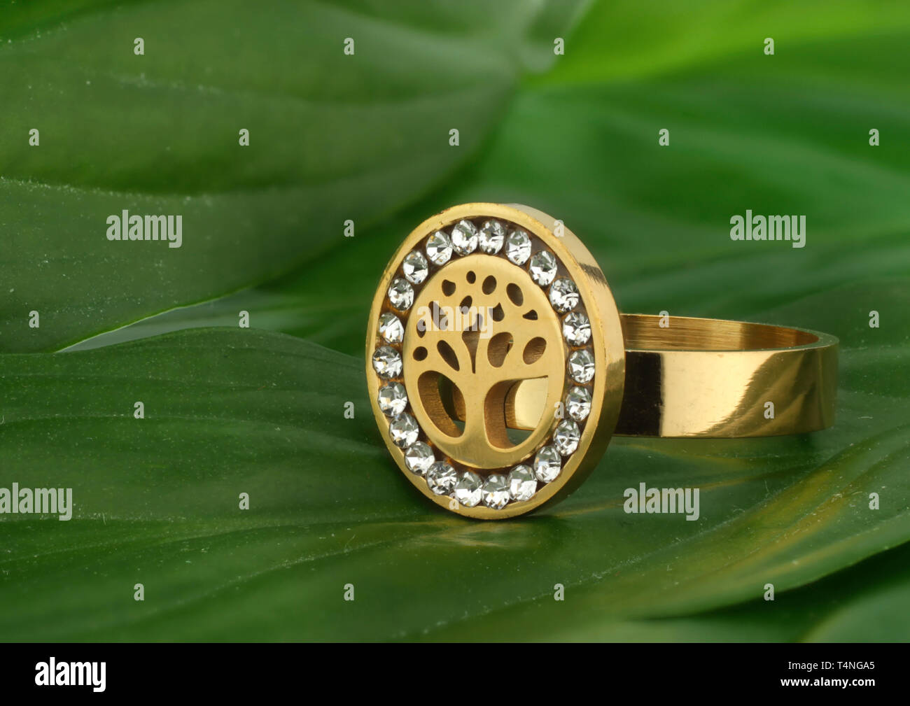 Jewelry ring with diamonds, shape of tree, on leafs background Stock ...