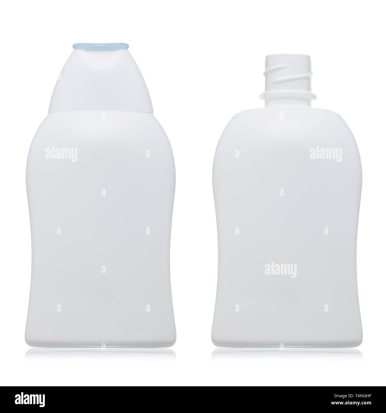 White shampoo bottle closed and without cap isolated on white ...