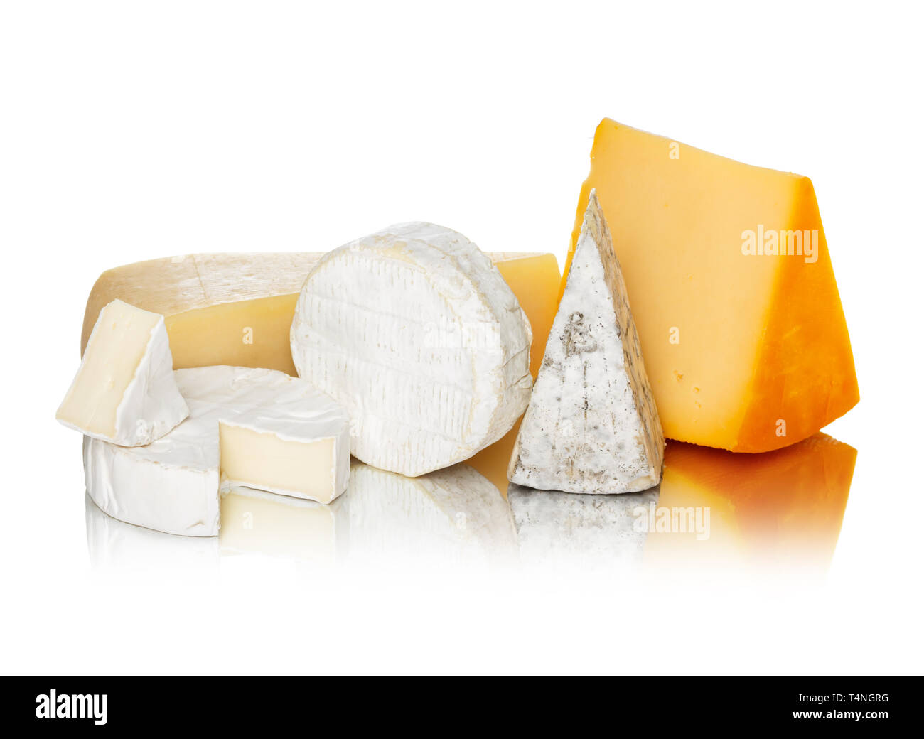 Variety of cheese isolated on white background with reflection Stock ...