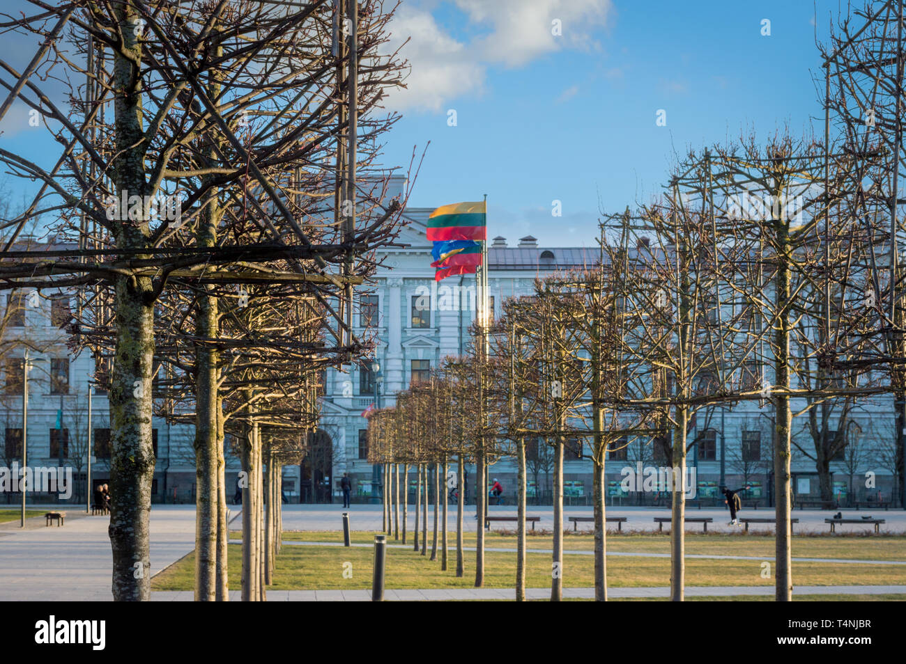 A path out of trees going to a big white official house with Lithuanian ...