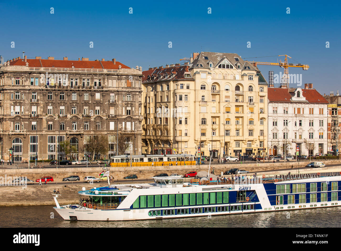 BUDAPEST, HUNGARY - APRIL, 2018: Big touristic boats at Danube river in ...
