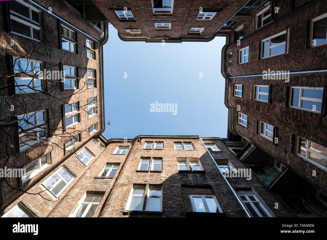 Warsaw, Poland. April 2019. Upward view of the sky from a small ...