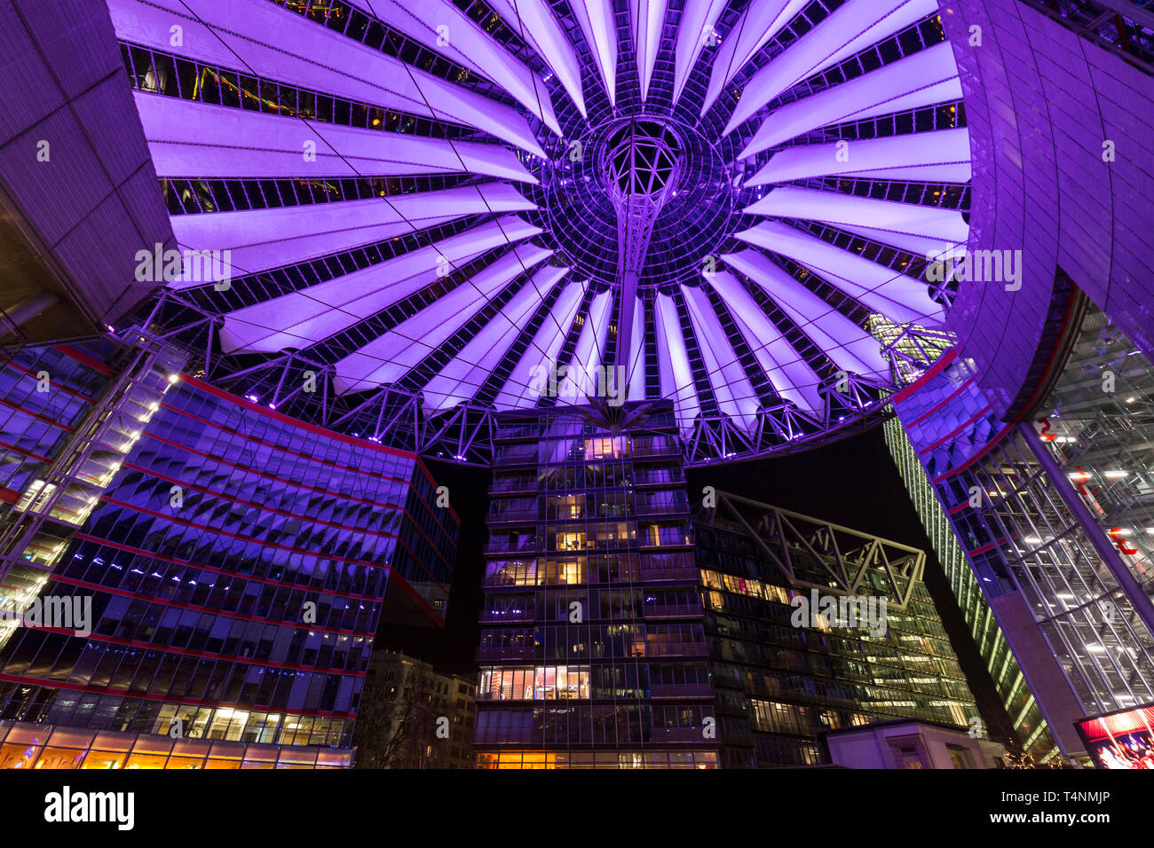 Modern architecture of illuminated Sony Center building complex located ...