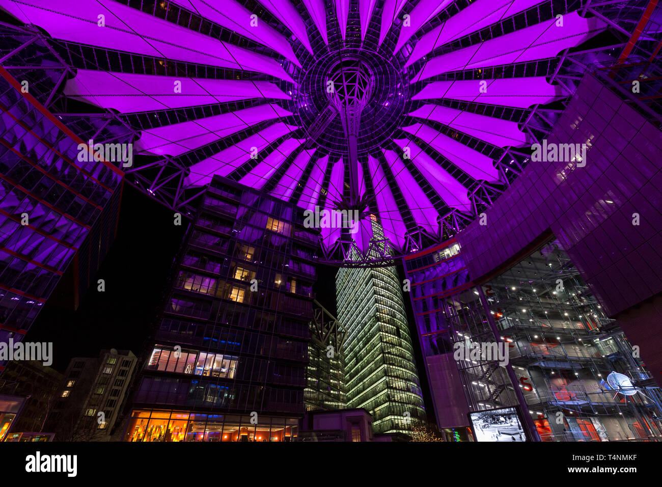 Modern architecture of illuminated Sony Center building complex located ...