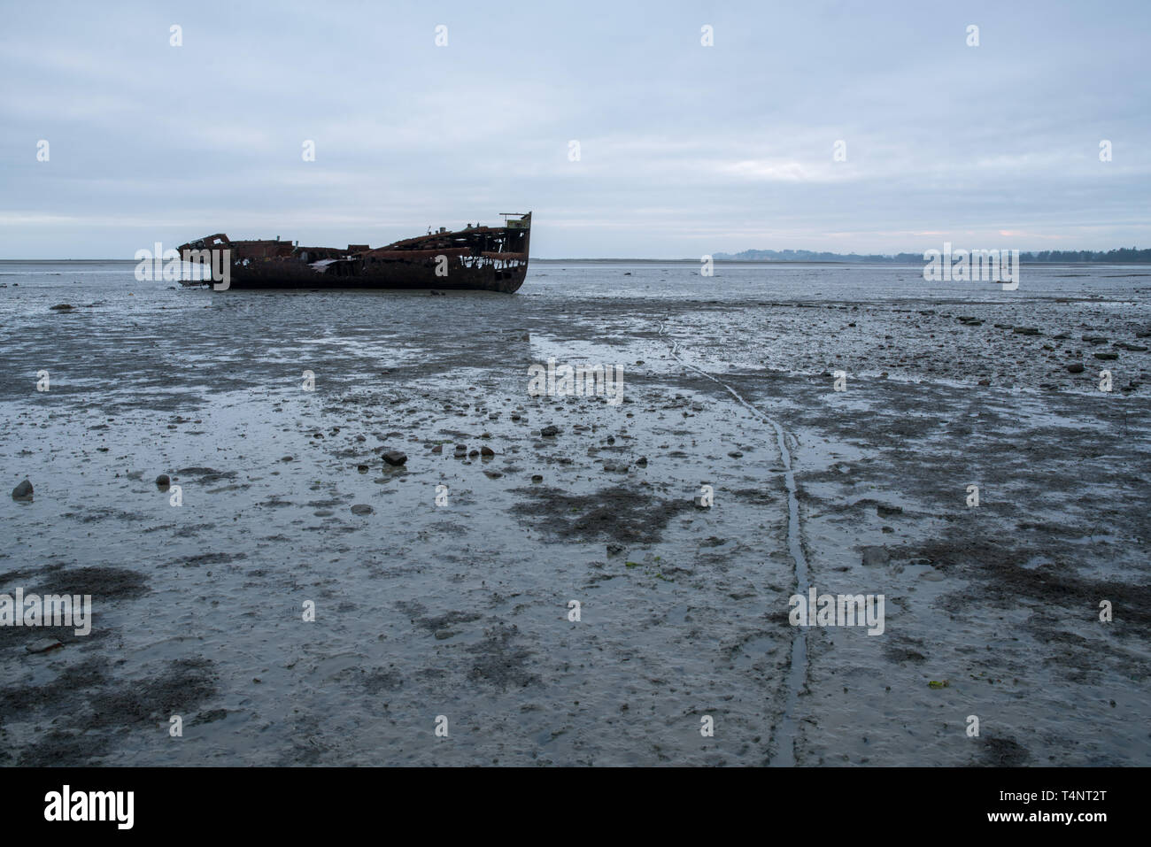 The abandoned rusty ruins of a ship wreck on Port Motueka beach Stock ...