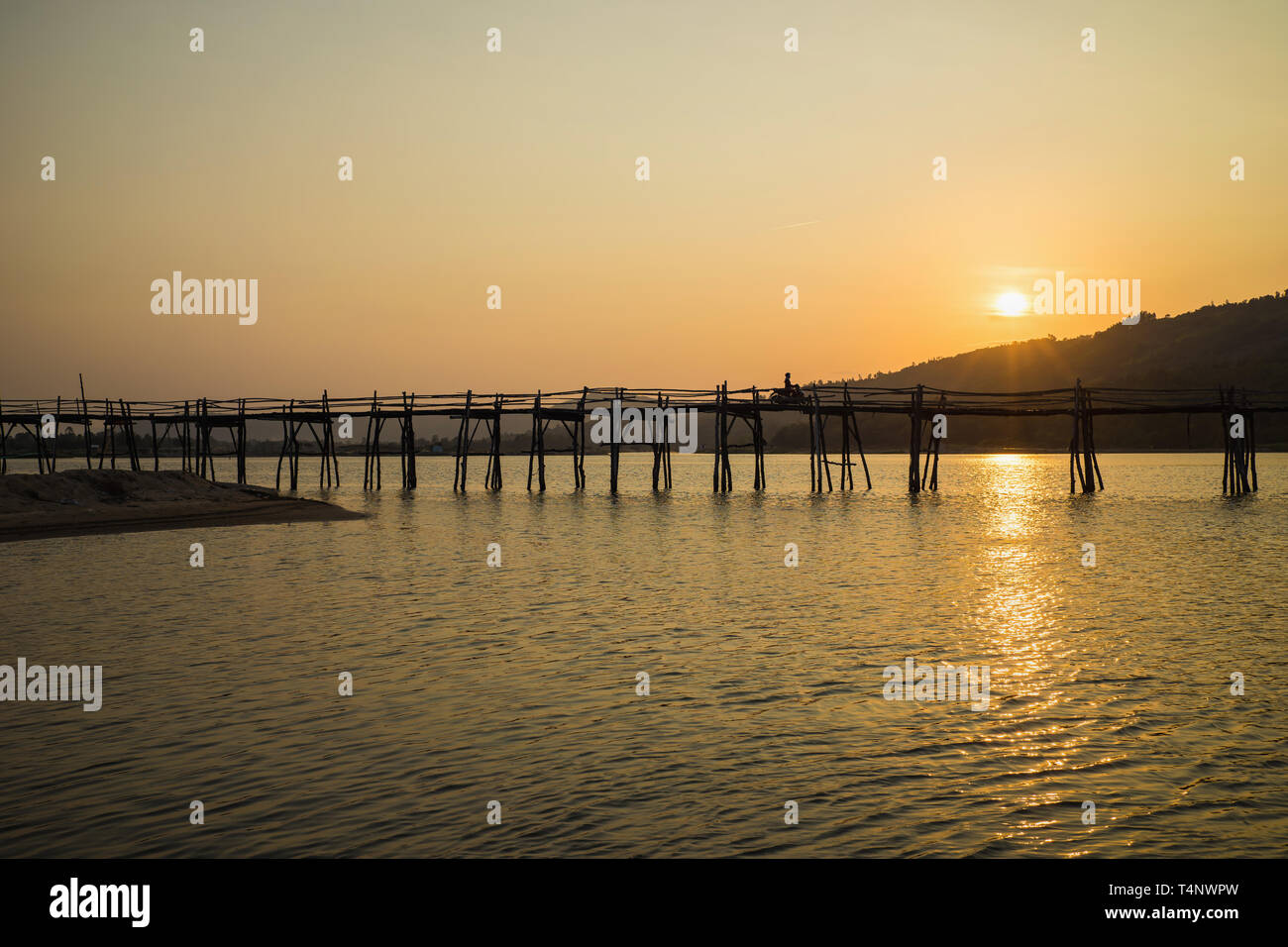 Panorama viewe of Ong Cop bridge by sunset period, the longest wooden ...