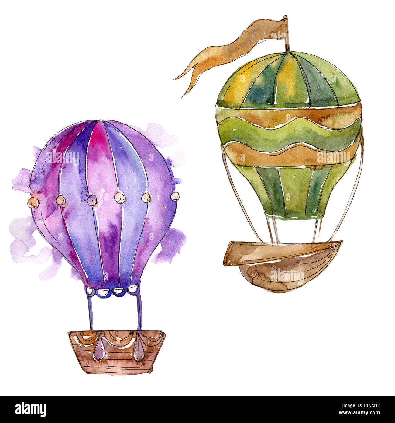 Hot air balloon background fly air transport. Watercolor background set ...