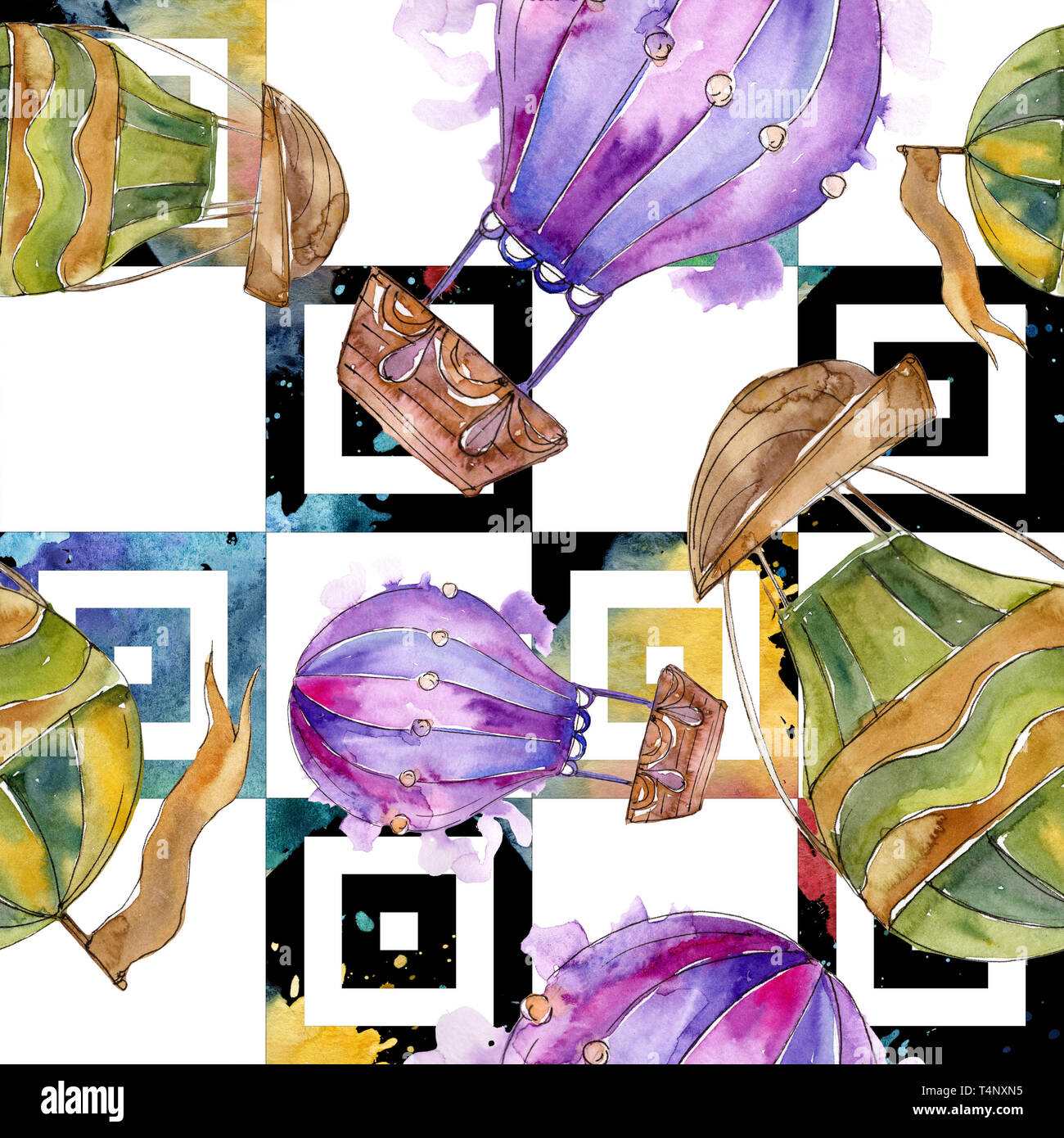 Hot air balloon background fly air transport. Watercolor background set ...
