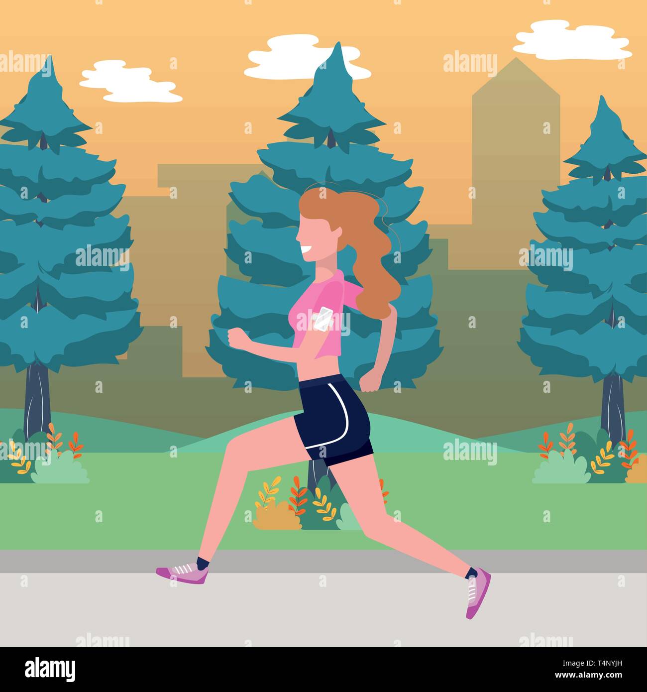 fitness sport train woman running outdoor scene cartoon vector ...