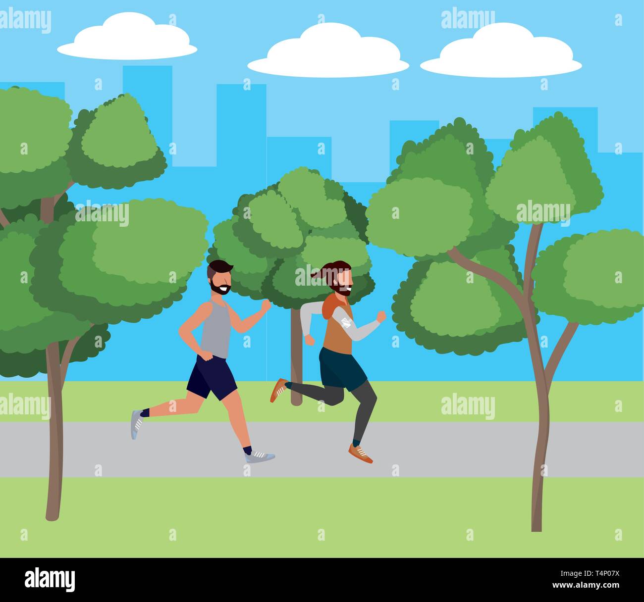 fitness sport train men running at outdoor scene cartoon vector ...